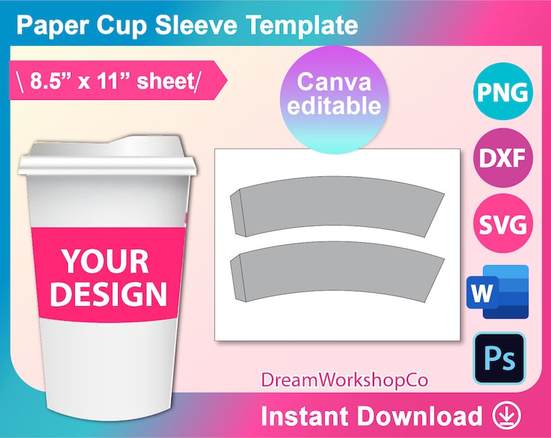 Paper Cup Sleeve Template, Coffee Cup Sleeve Template, Canva, SVG, DXF ...