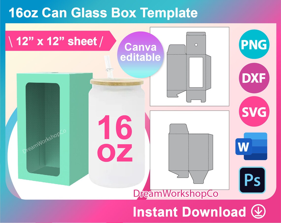 16oz Can Glass Box Template: 12x12 Sheet, Canva, SVG, DXF, Psd, Png ...