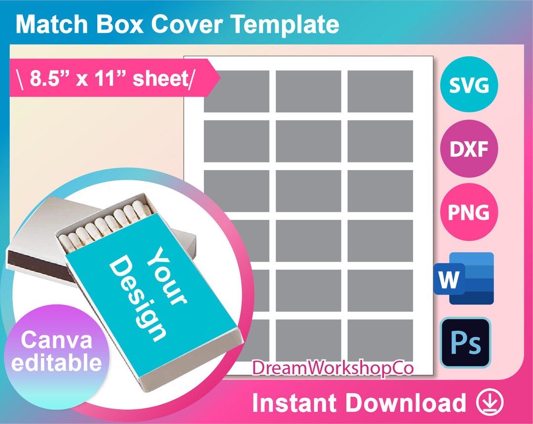 2.15 X 1.375 Match Box Cover Label Template, Canva, SVG, DXF, Ms Word ...