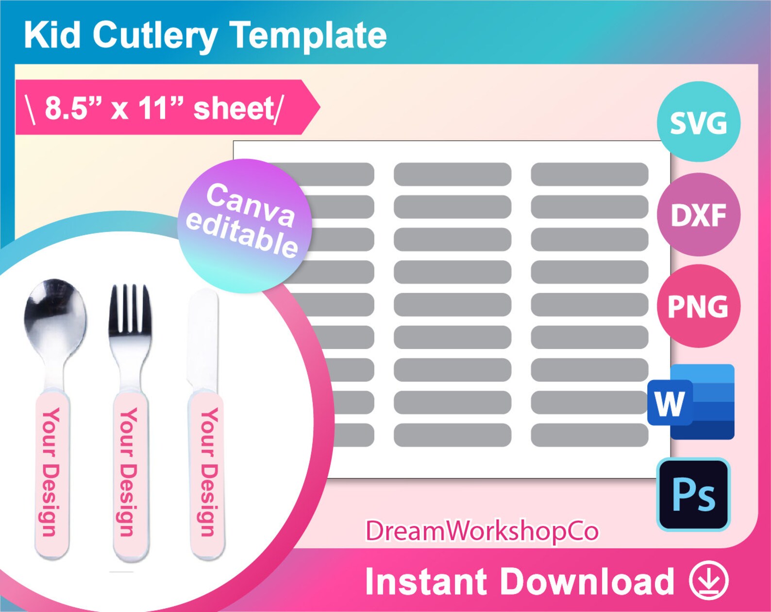 Kid Cutlery Template: Sublimation SVG, Canva, PNG, PSD, Docx (digital ...