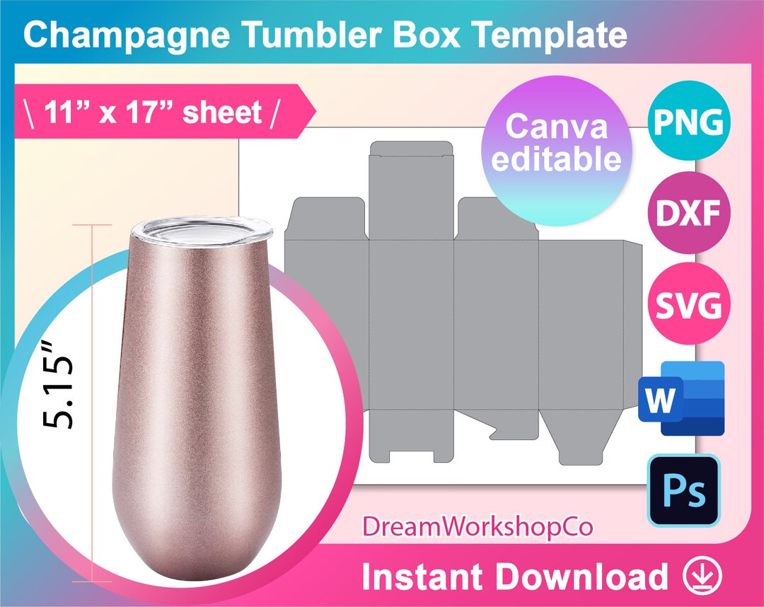 Champagne Tumbler Box Template: Gift Box SVG, Canva, PSD, PNG (digital ...