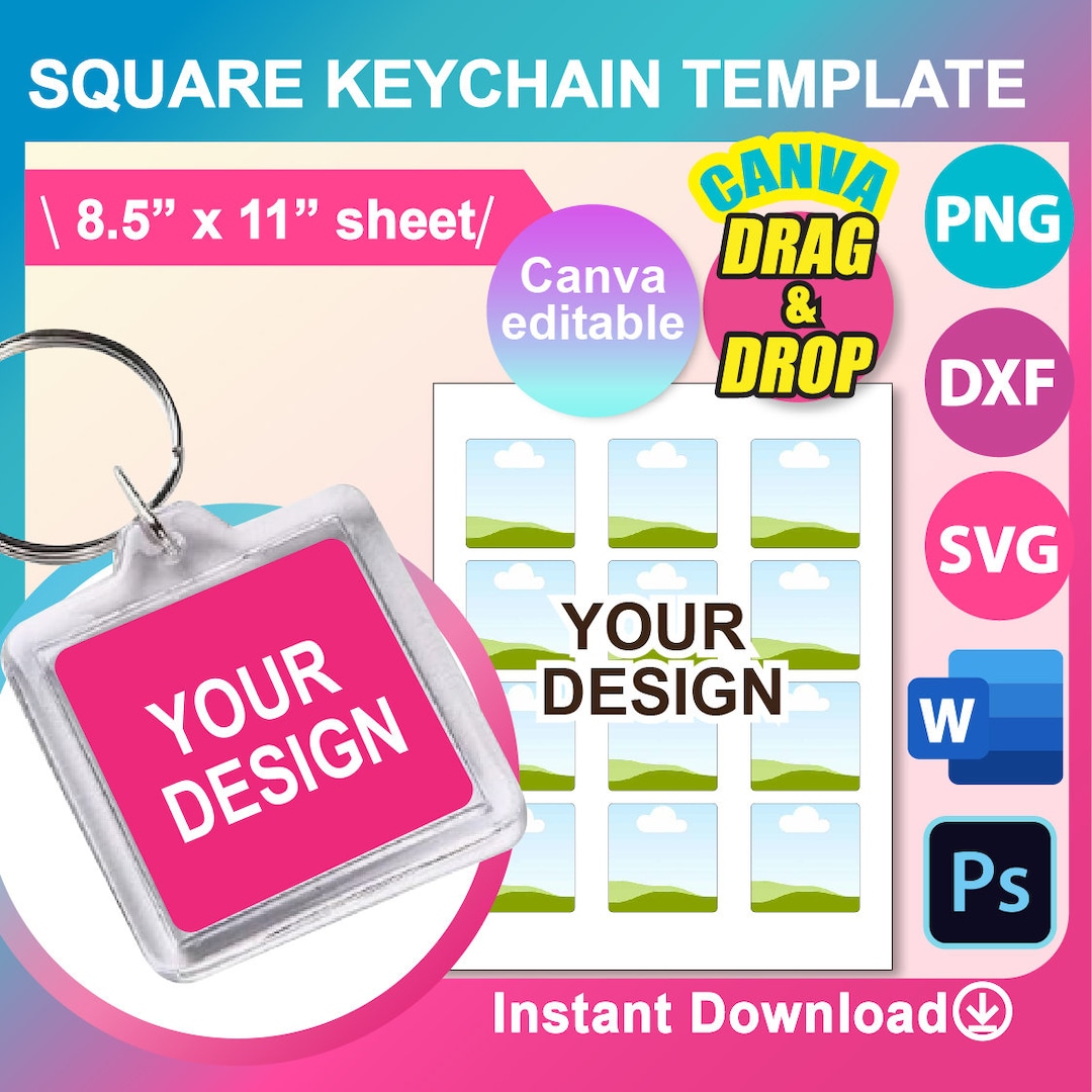 2" Square Acrylic Keychain Template, SVG, DXF, Canva, Ms Word Docx, Png ...