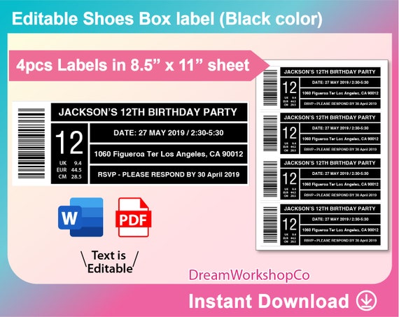 Editable Shoe Box Label Template PDF Printable Instant | Etsy UK