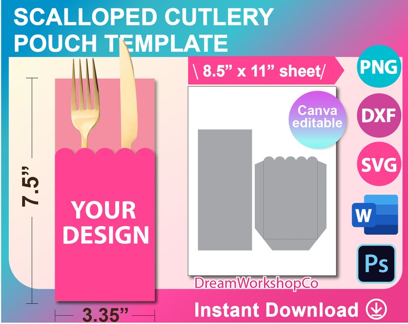 Scalloped Cutlery Pouch Template, Cutlery Set Template, Cutlery Paper ...