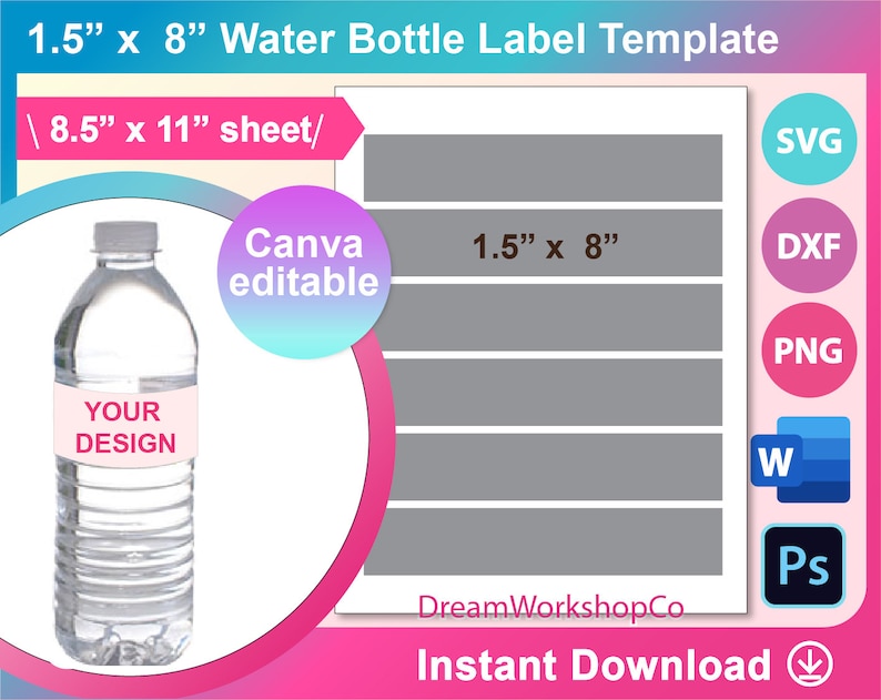 Water Bottle Label Template, Canva, SVG, DXF, Psd, Png, 8.5x11 Sheet ...
