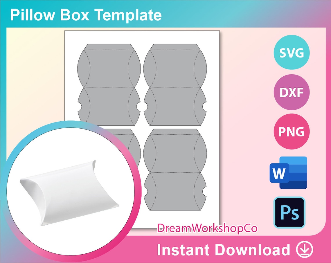 Pillow Box Gift Box Template Ms word PSD PNG SVG Dxf | Etsy