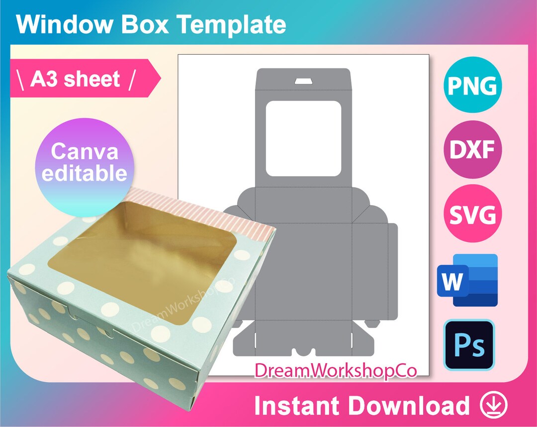 No-glue Window Box Template, Cake Box, Bow Box Template, Cookie Box SVG ...
