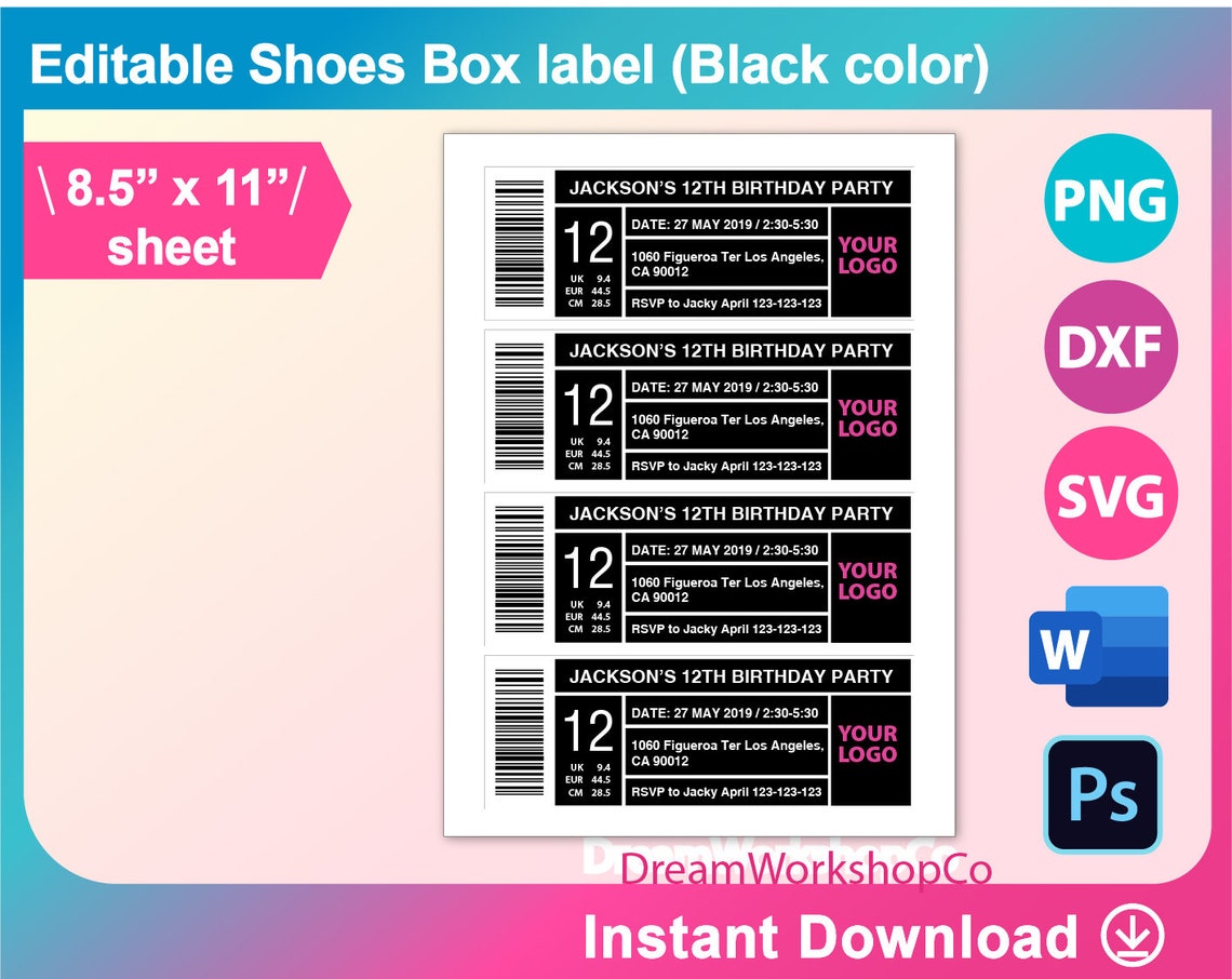 Shoe Box Label Template SVG DXF Png Canva Ms Word Docx - Etsy Australia