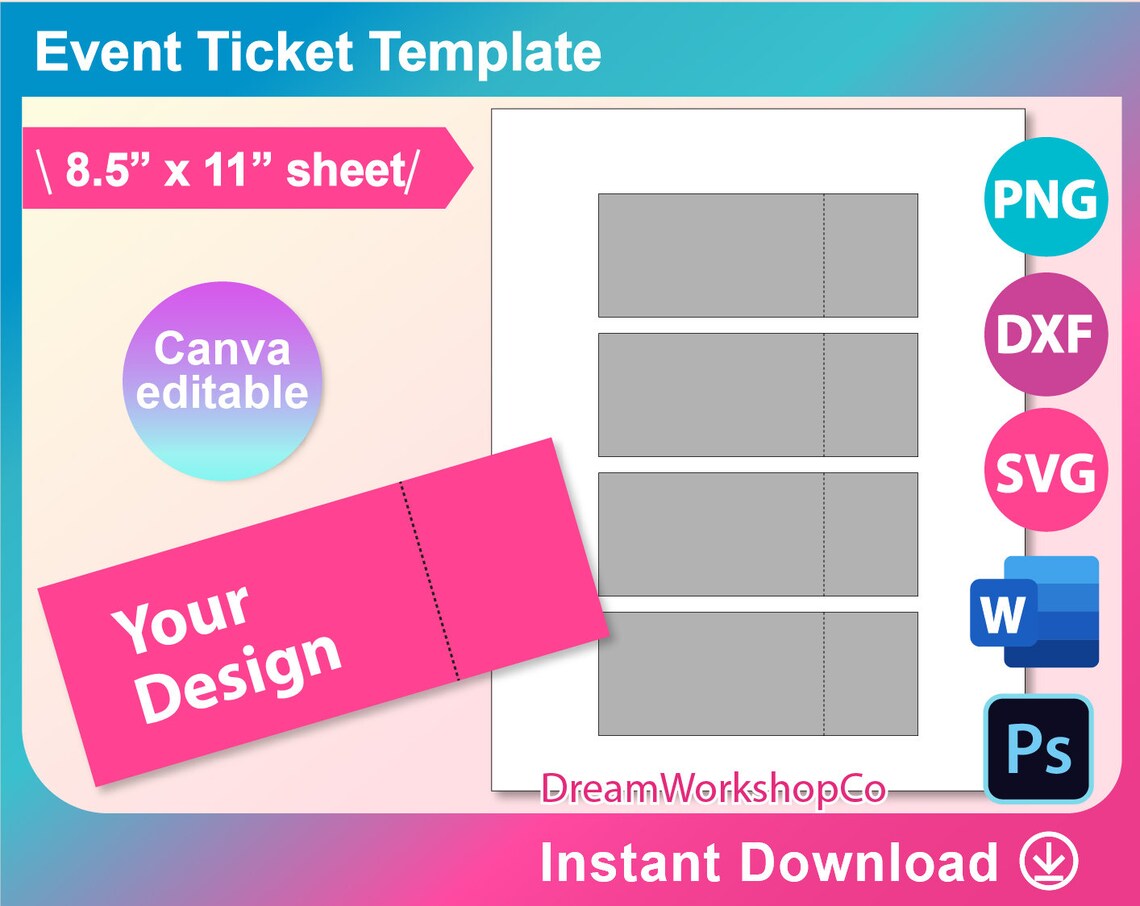 Event Ticket Template Ticket Template Ms Word Canva PSD - Etsy