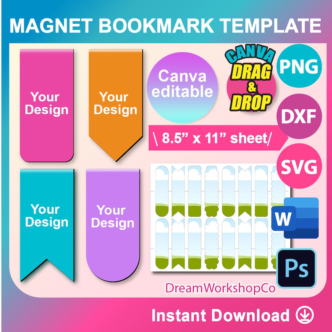 Magnetic Bookmark Template, Bookmark Template SVG, Canva, DXF, Ms Word ...