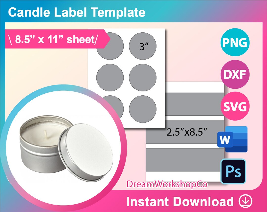 Candle Label Template, SVG, DXF, Ms Word Docx, Png, Psd, 8.5x11 Sheet ...