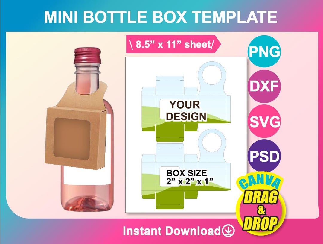 Mini Wine Bottle Box Template, Wine Bottle Tag Template, SVG, Canva ...