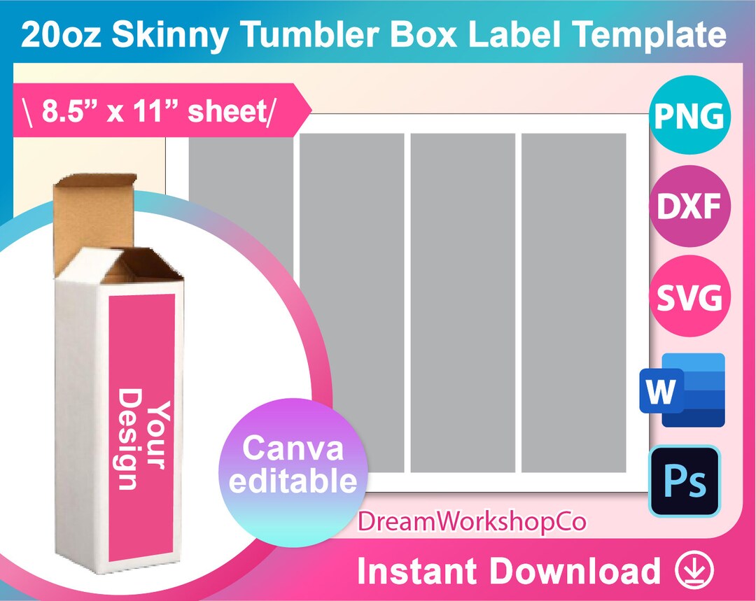 20oz Skinny Tumbler Box Label Template, Gift Box Template, SVG, Canva ...