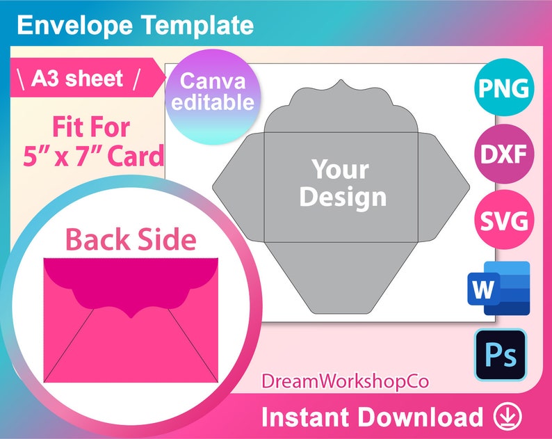 For 7"x 5" Card Envelope Template, Canva, Ms Word, PSD, PNG, SVG, Dxf ...