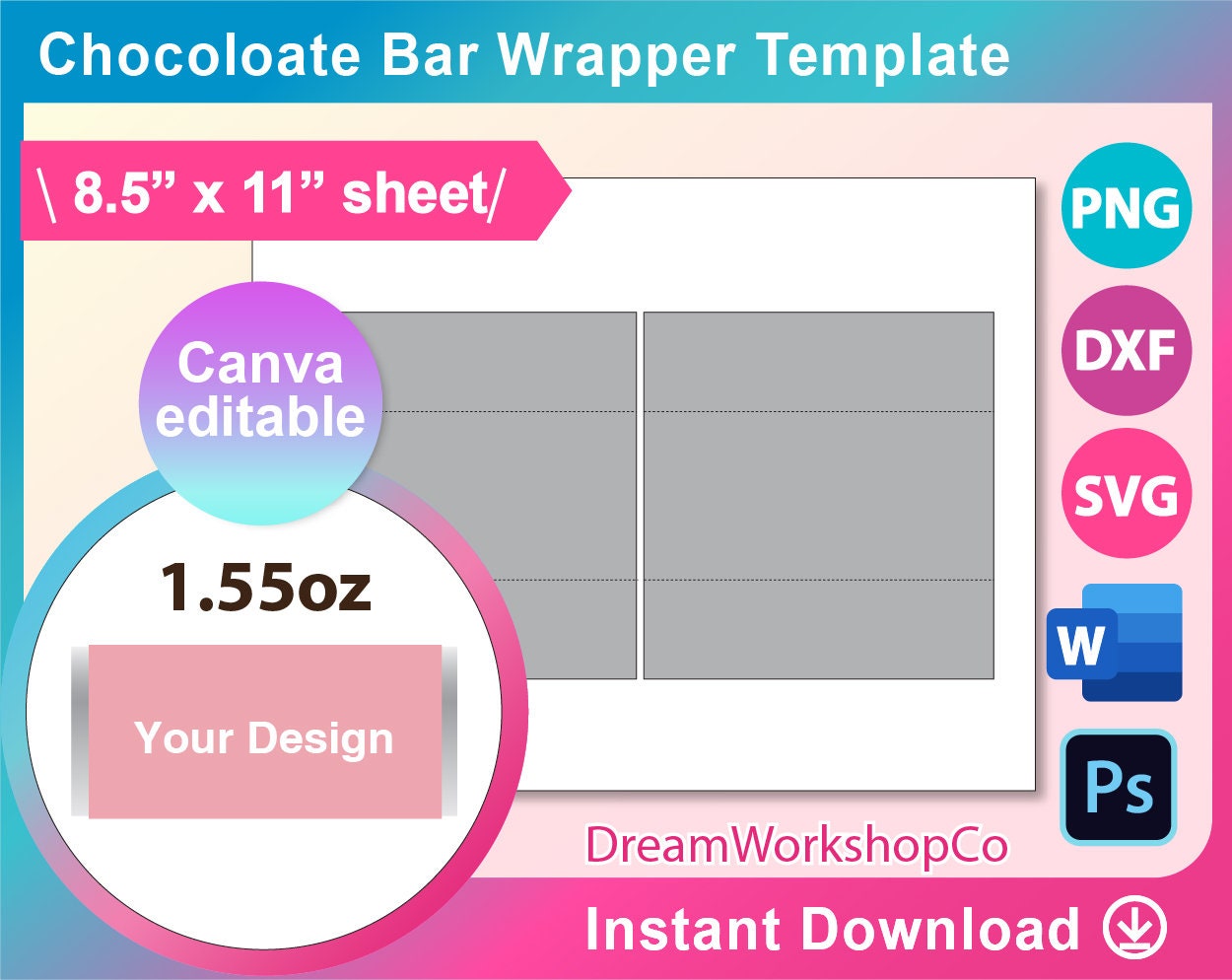 1.55oz Chocolate Bar Wrapper Template SVG DXF Canva Ms - Etsy
