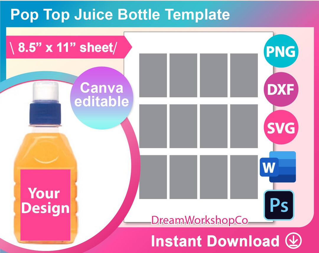 Pop Top Bottle Labels Template, Water Bottle Label Blank Template Canva ...