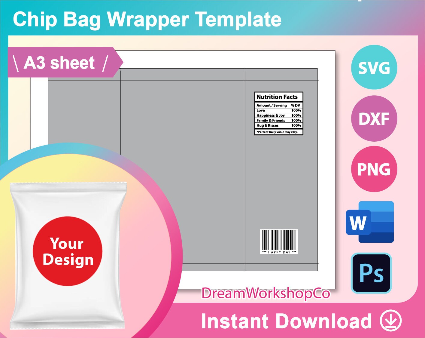 Chip Bag Template Chip Bag Blank Template SVG DXF Ms Word - Etsy