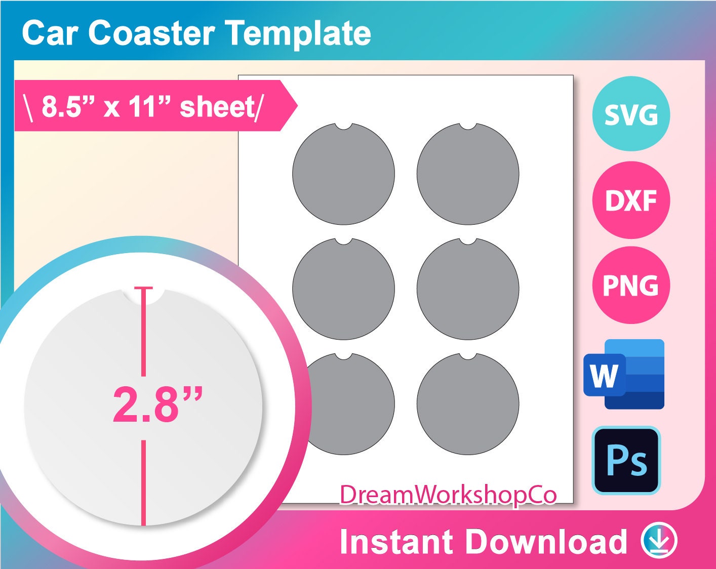 2 8 Car Cup Coaster Template Car Coaster Template SVG Etsy