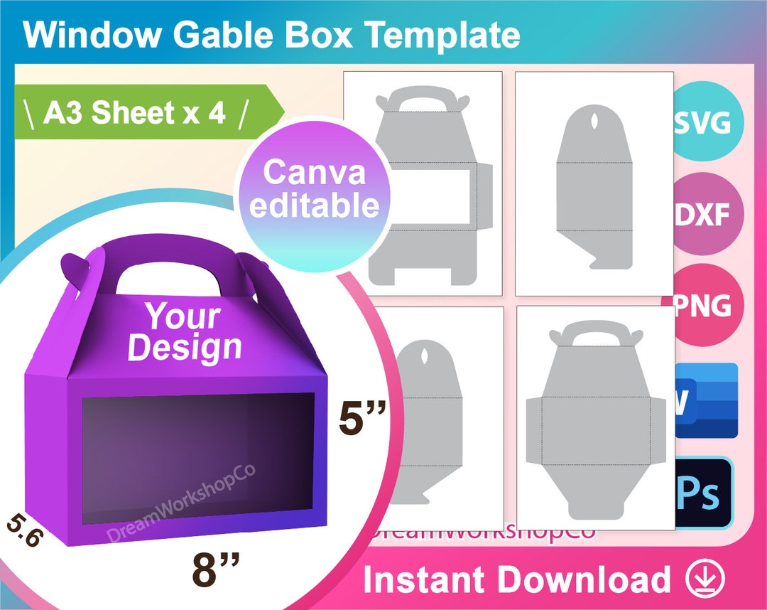 Window Gable Box Template, Box With Handle Template SVG, Canva, DXF, Ms ...