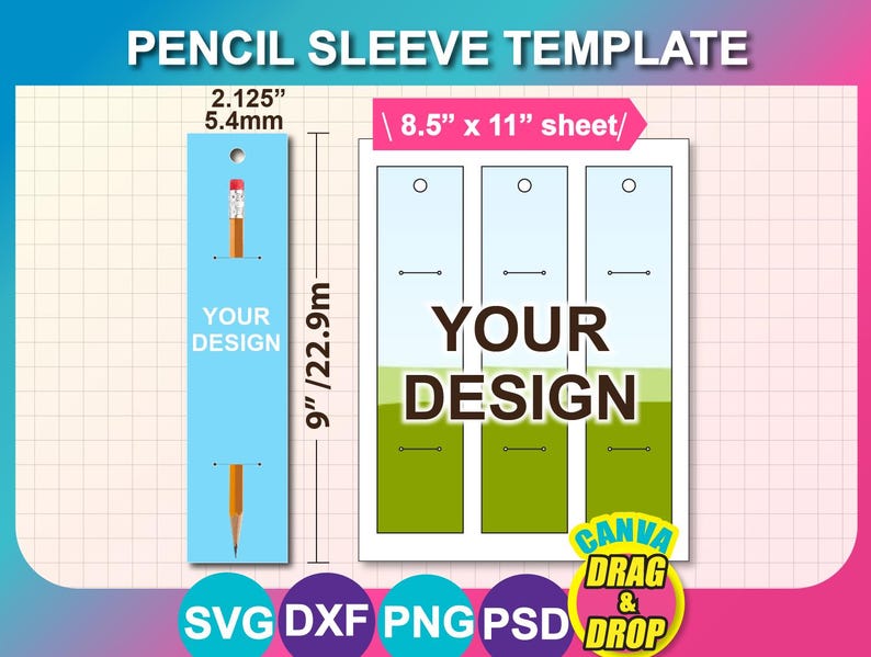 Pencil Sleeve Template, 8.5x11" Sheet (svg, Dxf, Png, Psd, Canva ...