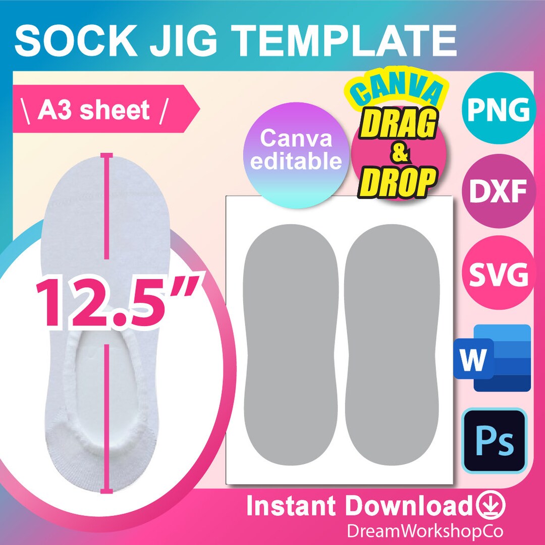 XL Sock Jig Template, No Show Sock Jig Template, Sublimation, Canva, SVG, DXF, Ms Word Docx, Png ...