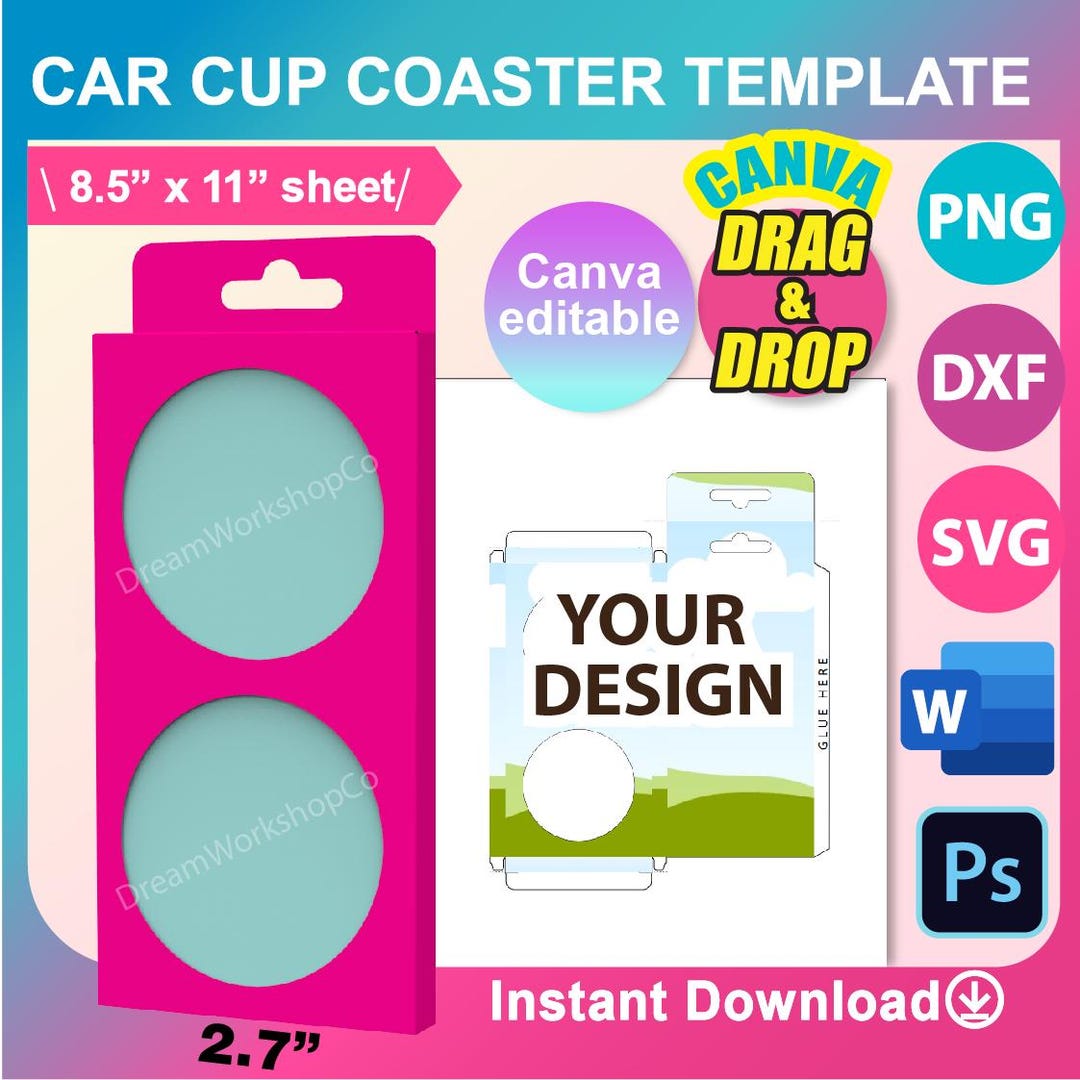 Car Cup Coaster Box Template, Car Coaster Template SVG, Canva, DXF, Ms ...
