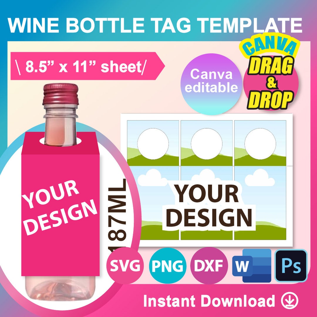 187ml Wine Tag Template, Mini Wine Bottle Tag Template, Canva, SVG, DXF ...