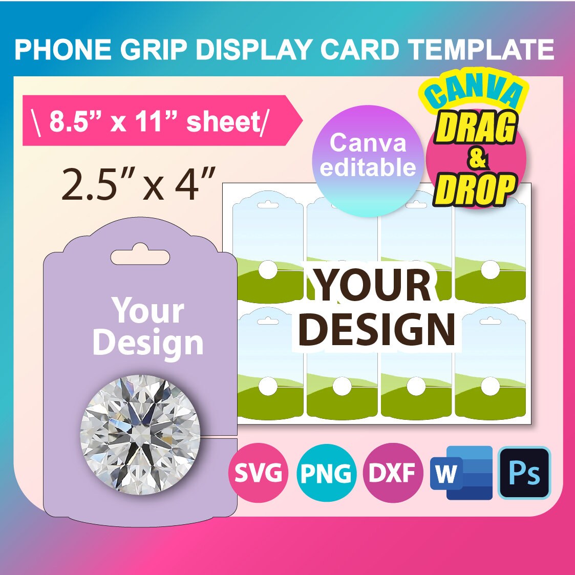 Phone Grip Display Card Template, Canva, SVG, PNG, PSD Printable 8.5 ...