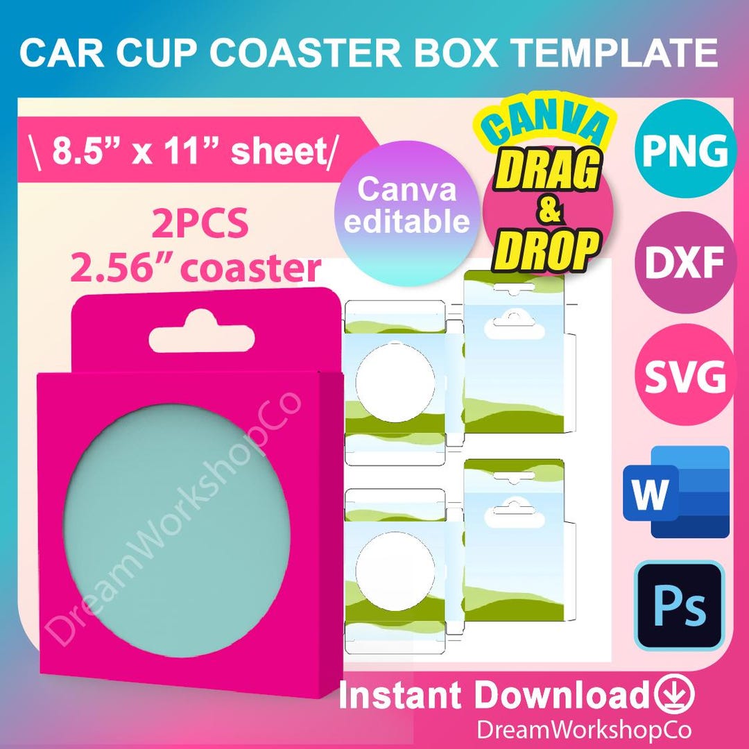 Car Cup Coaster Package Template, 2pcs Car Coaster Box Template, Car ...