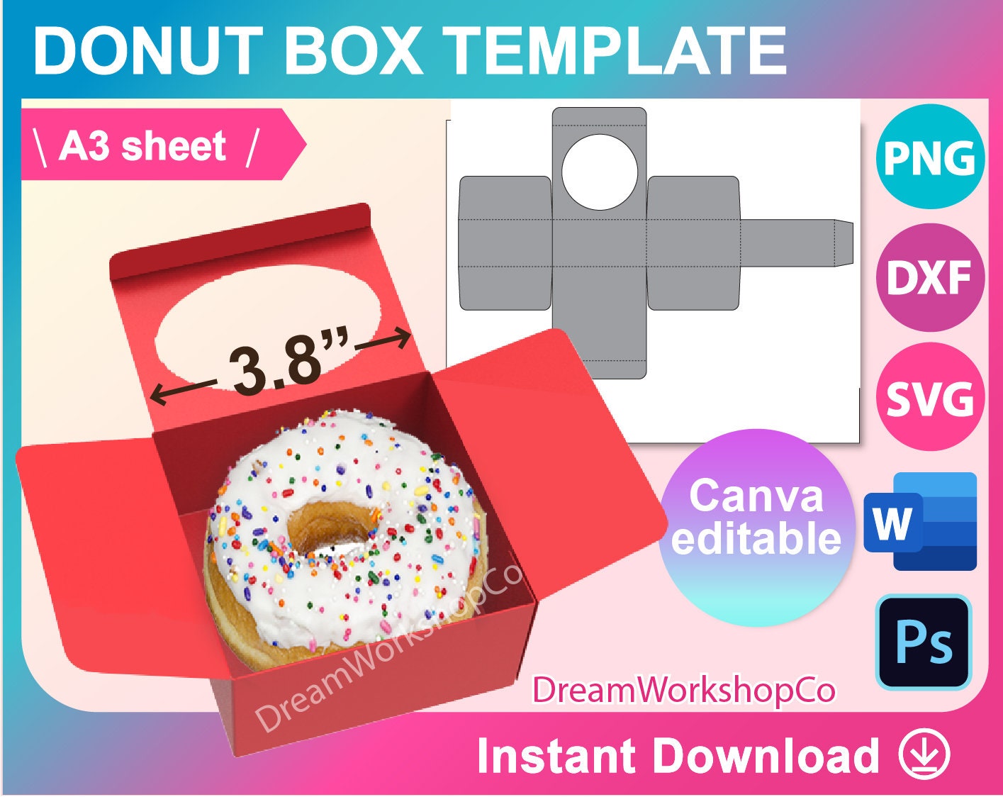 Donut Box Gift Box Template Ms Word PSD PNG SVG Dxf A3 - Etsy UK