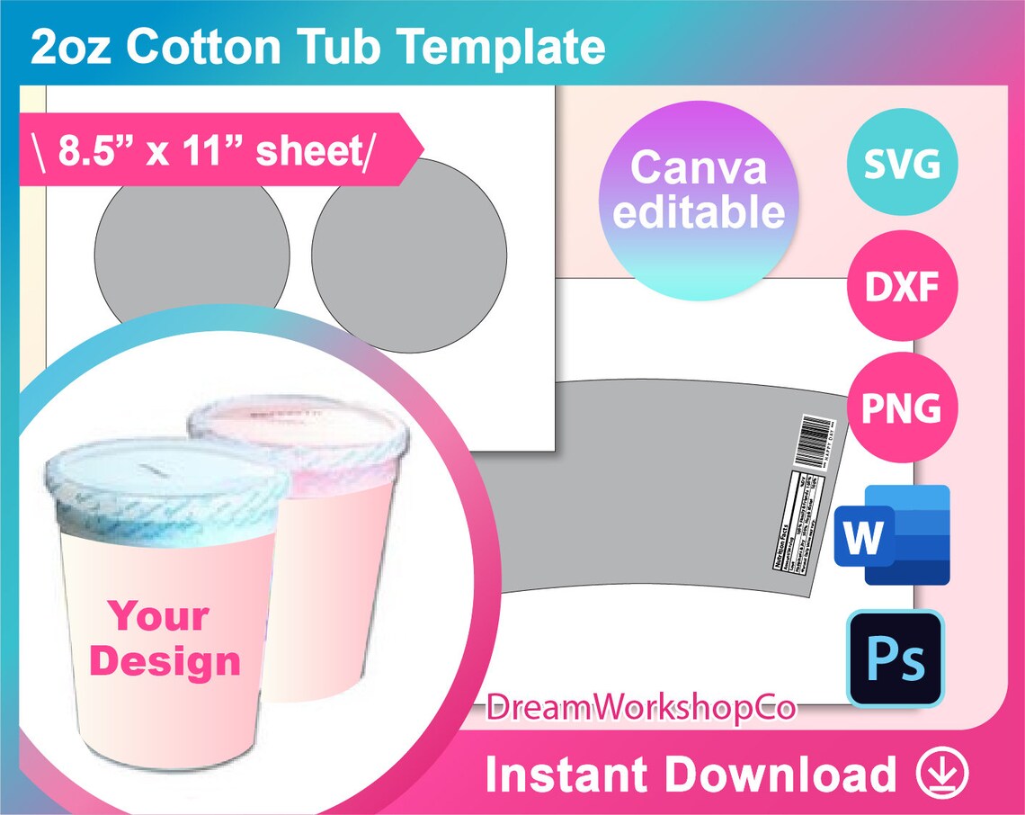 2oz Cotton Candy Tub Label Template: Canva, SVG, PNG (digital Download ...