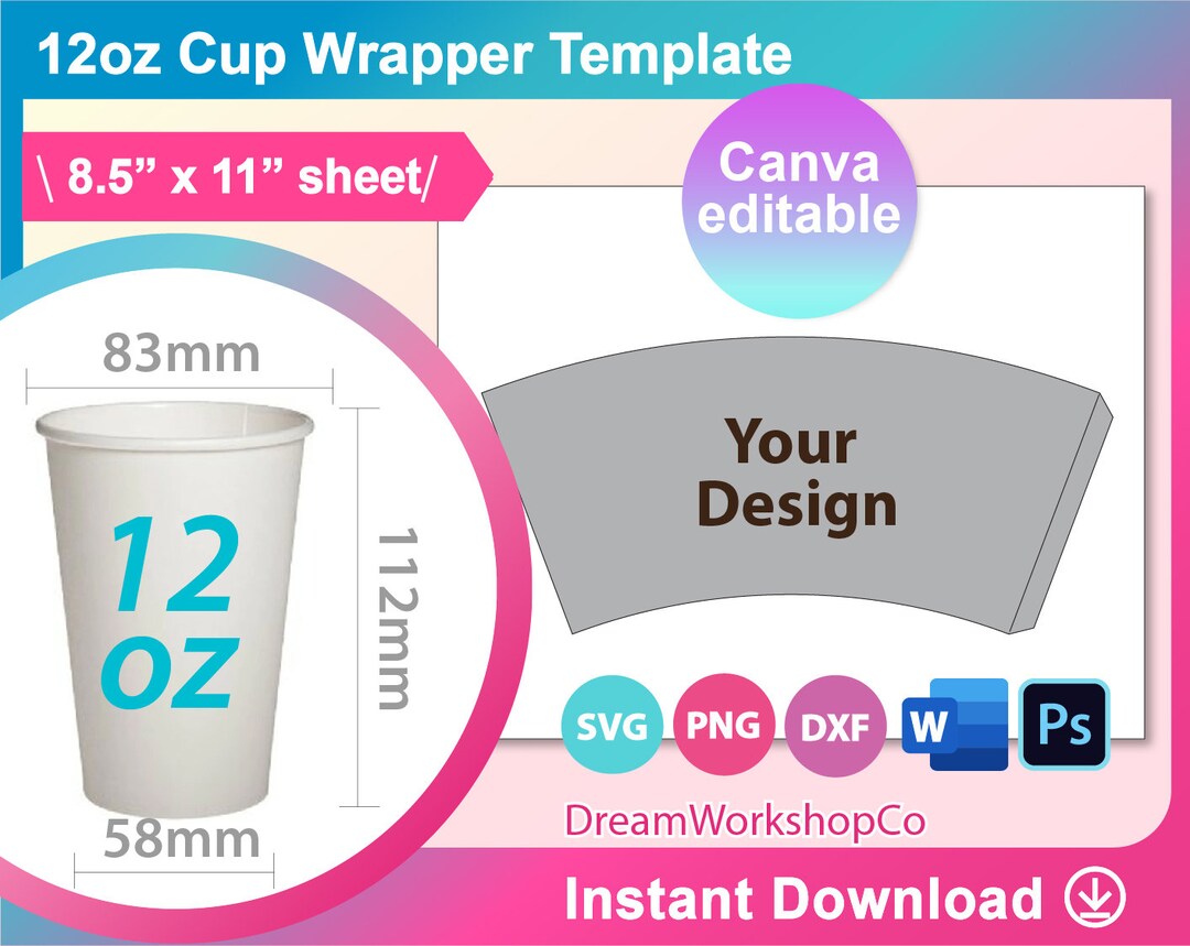 12oz Cup Wrapper Template SVG DXF Canva Ms Word Docx Png - Etsy UK