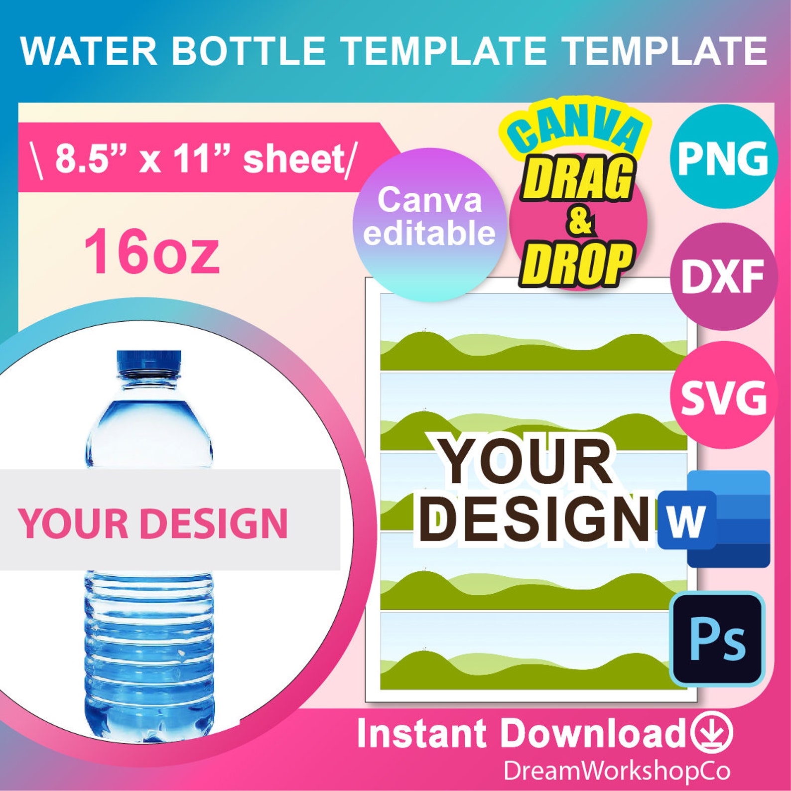 Water Bottle Labels Template, Blank Water Bottle Label Template, Water ...
