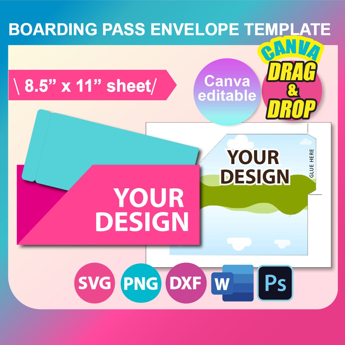 Boarding Pass Envelope Template, Canva, SVG, DXF, Png, Psd, 8.5"x11 ...