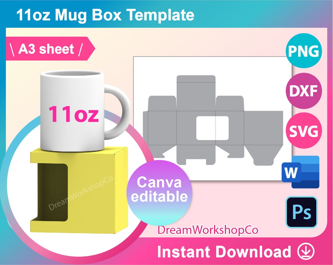11oz Mug Box Template, With Window, Mug Box Template, SVG, DXF, Canva ...