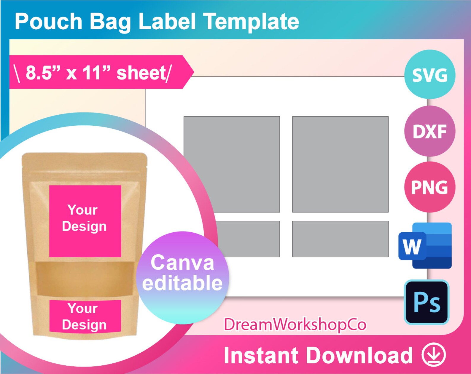 Standup Pouch Bag Label Template SVG DXF Canva Ms Word - Etsy
