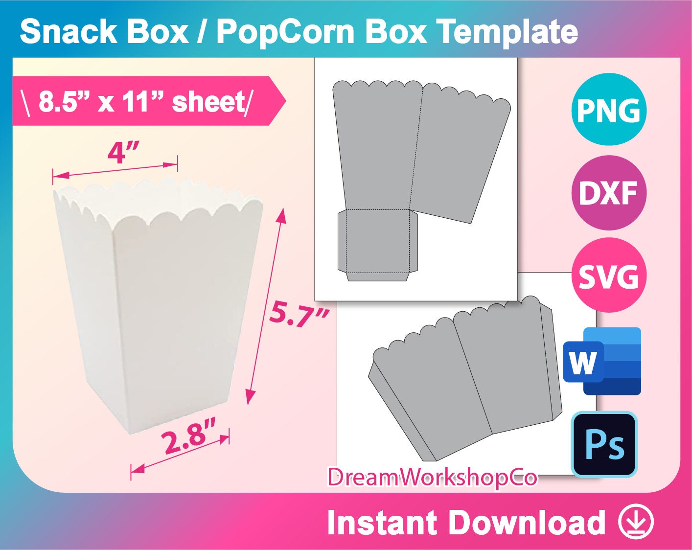 Pop Corn Box Template Snack Box Template SVG DXF Ms Word - Etsy Canada