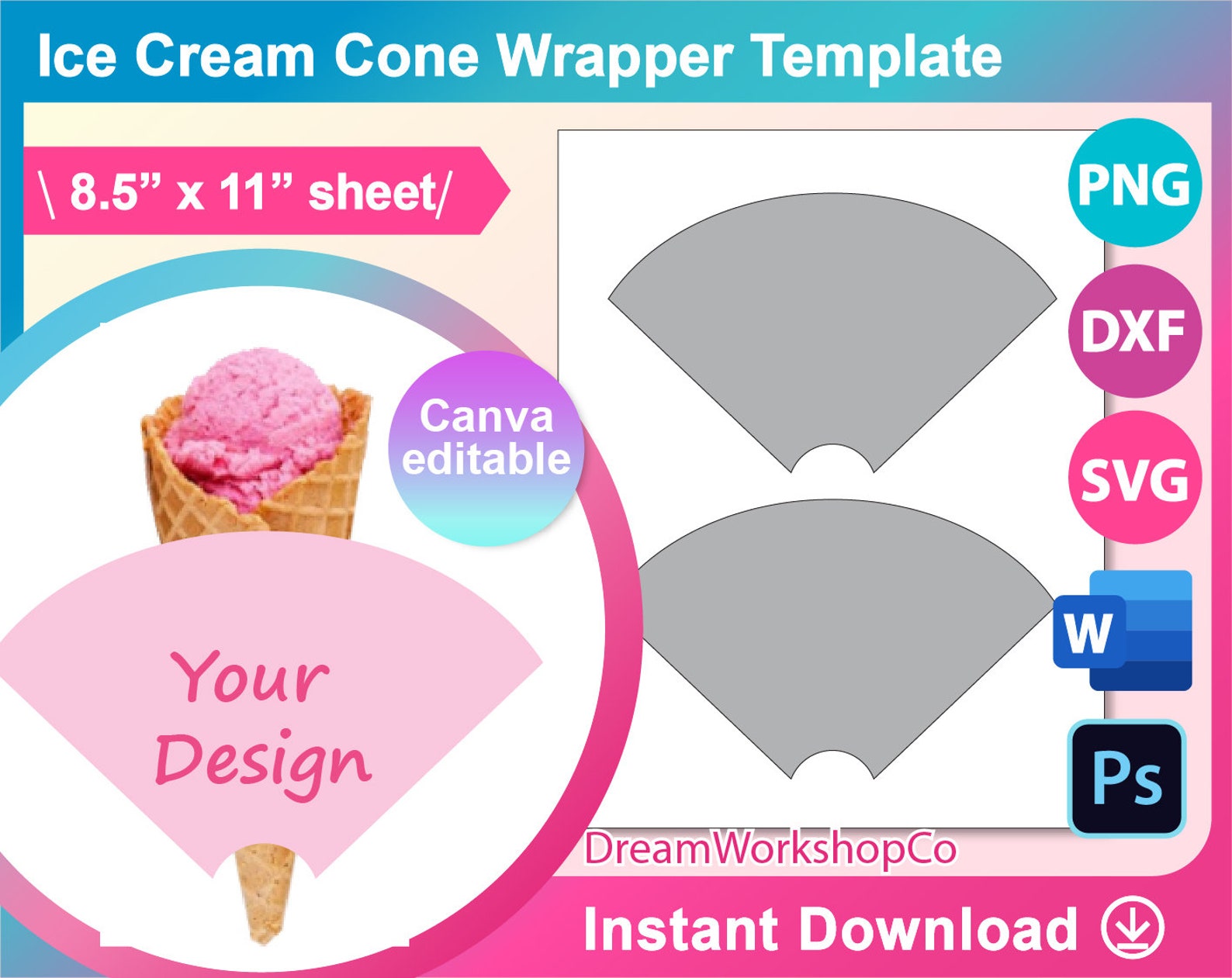 Ice Cream Cone Wrapper Template Blank Template Canva PSD - Etsy