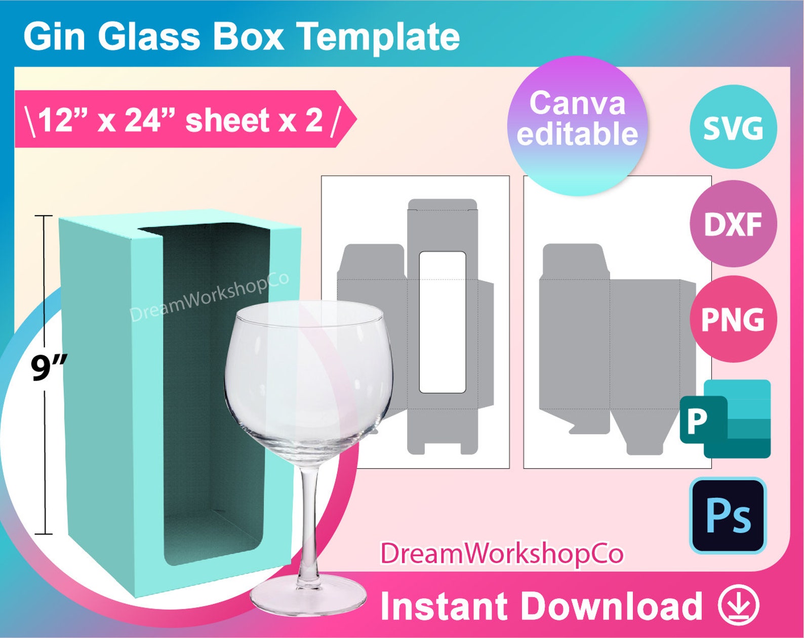 Gin Glass Box Template Gift Box Template With Window SVG - Etsy