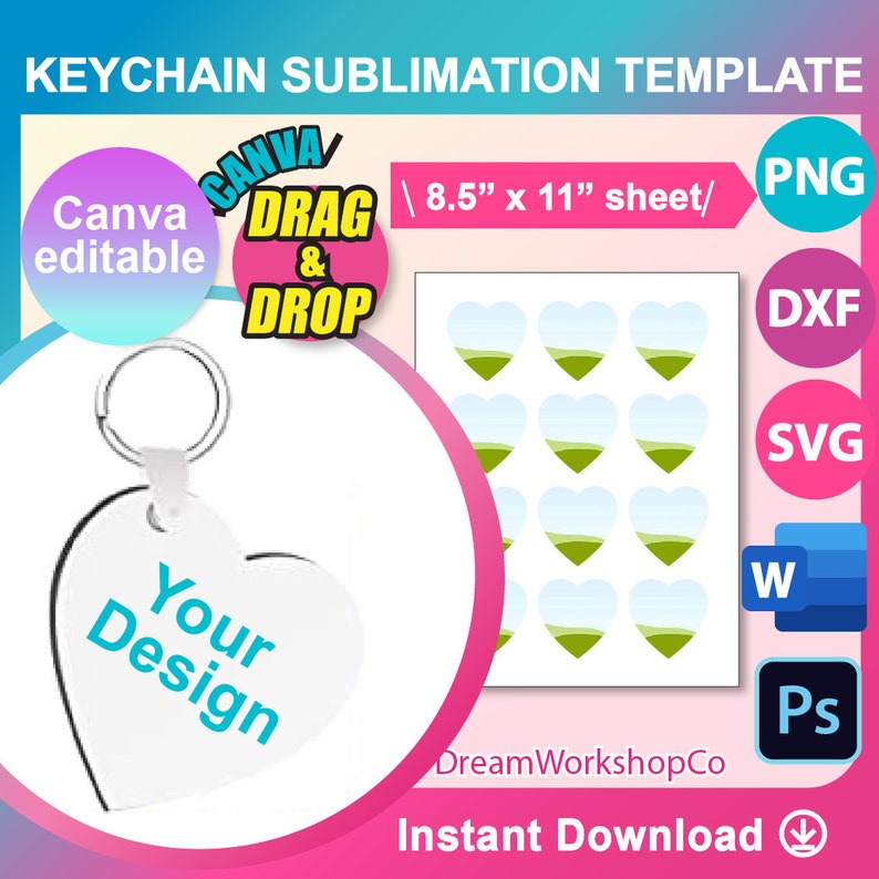 Heart Keychain Sublimation Template: Canva, SVG, PNG, PSD, Docx (8.5 ...