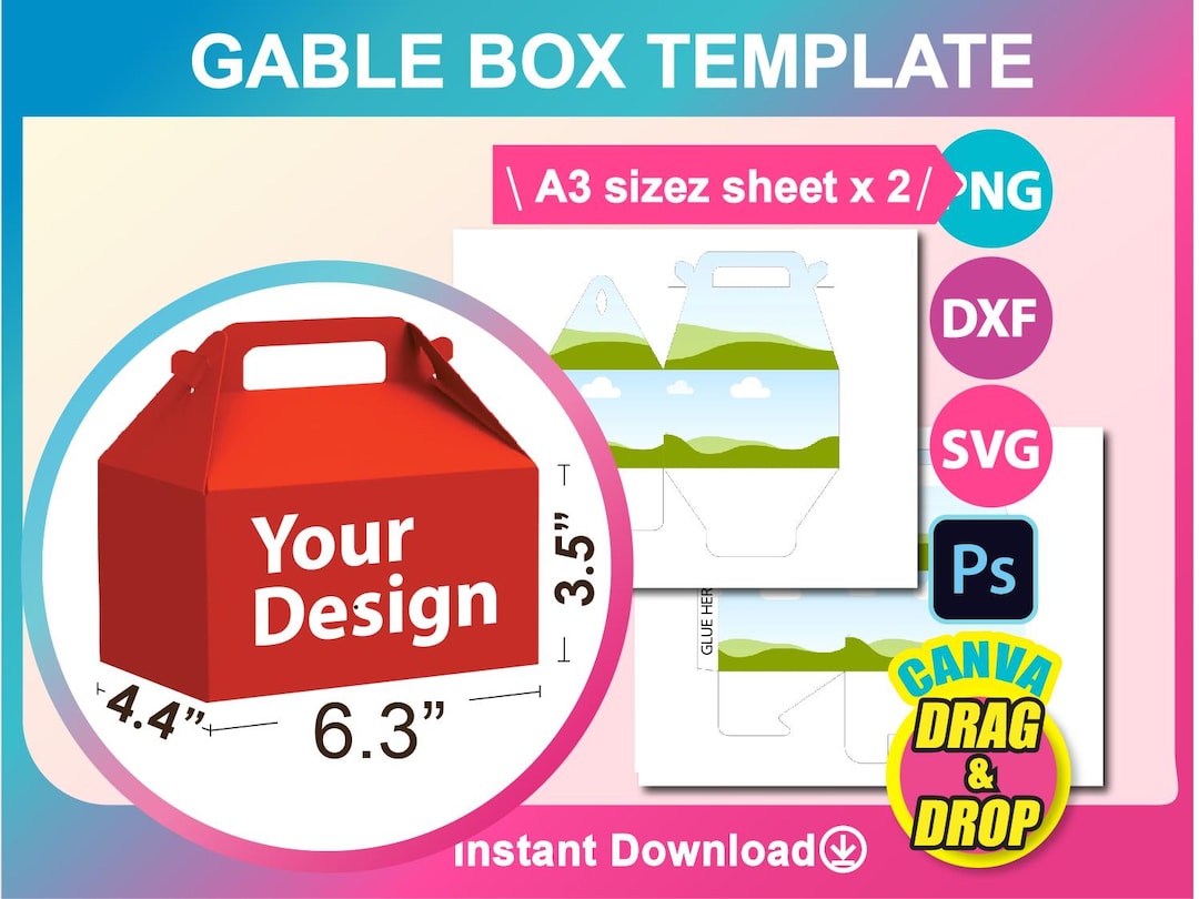 Gable Box Template, Box With Handle Template Canva，svg, DXF, Ms Word ...
