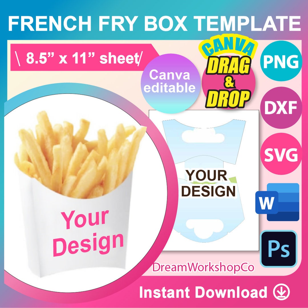French Fry Box Template, SVG, DXF, Ms Word Docx, Png, Psd, 8.5x11 Sheet ...