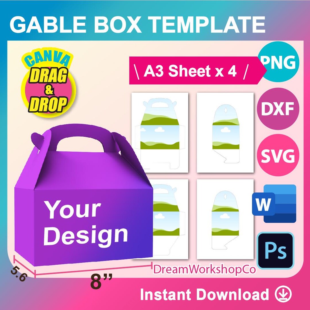 Large Gable Box Template, Box With Handle Template, Gift Box SVG, DXF ...
