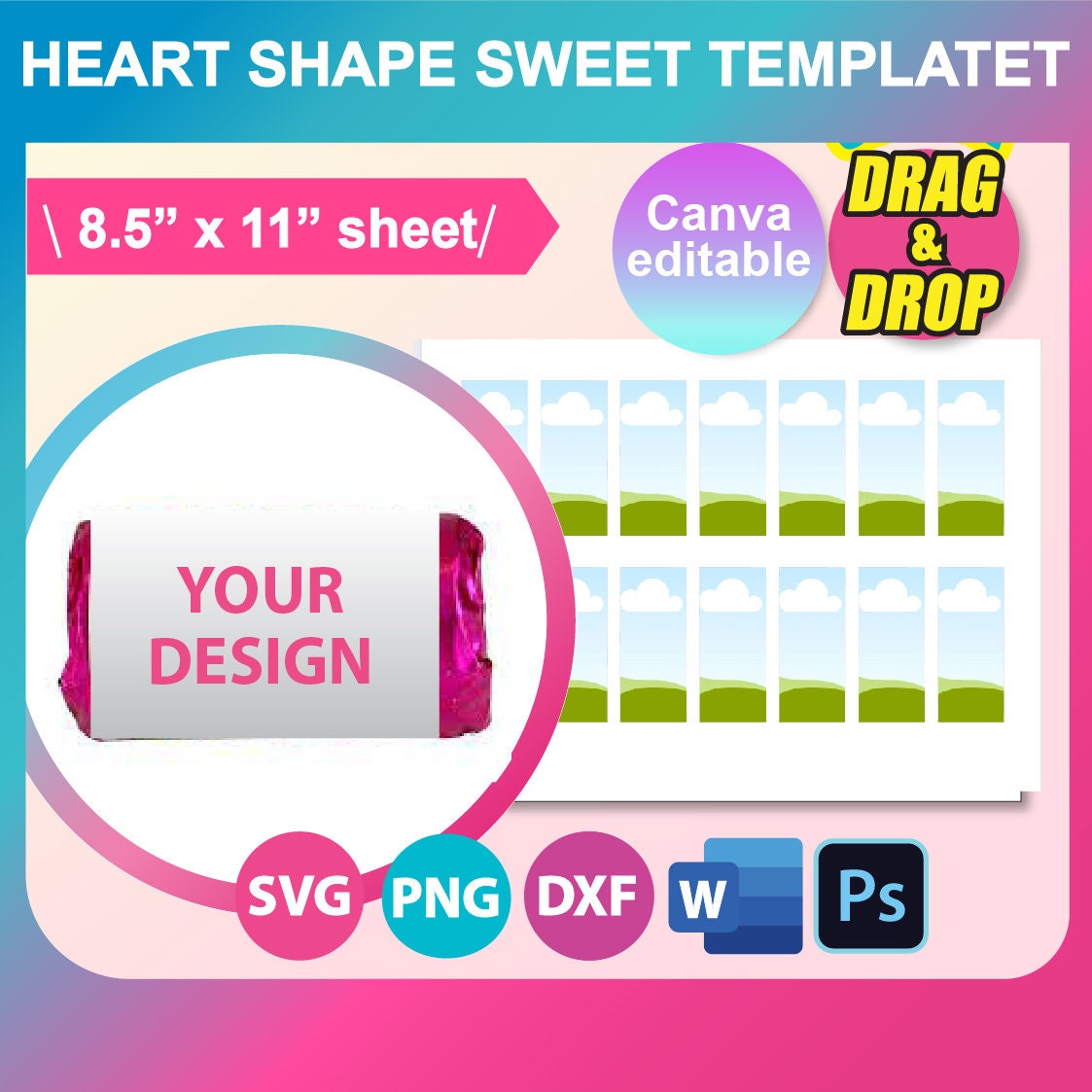 Heart Candy Wrapper Template (svg, Dxf, Png, Psd, Docx) (digital ...