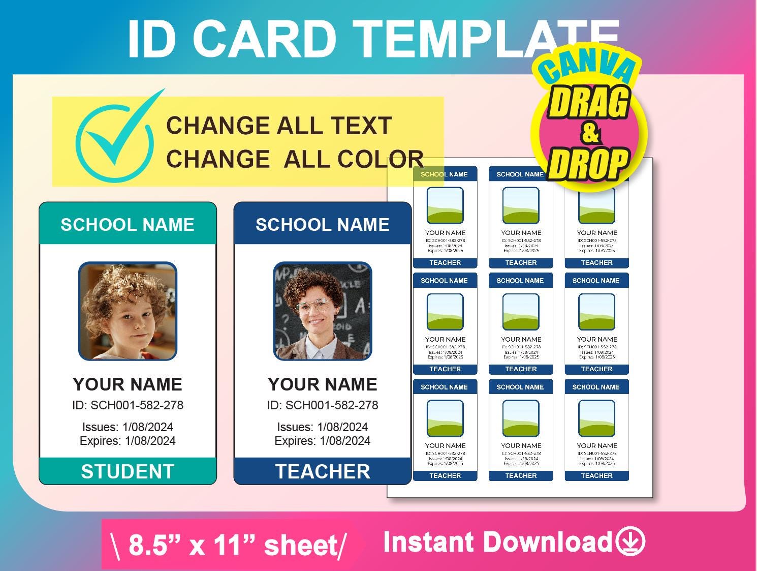 Student ID Card Template, Teacher ID Card Template, Canva, 8.5"x11 ...