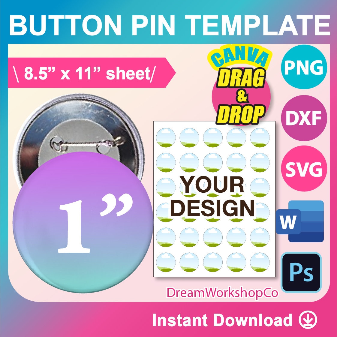 1 Inch Button Pin Template: Canva, SVG, PNG, PSD (digital Download) - Etsy