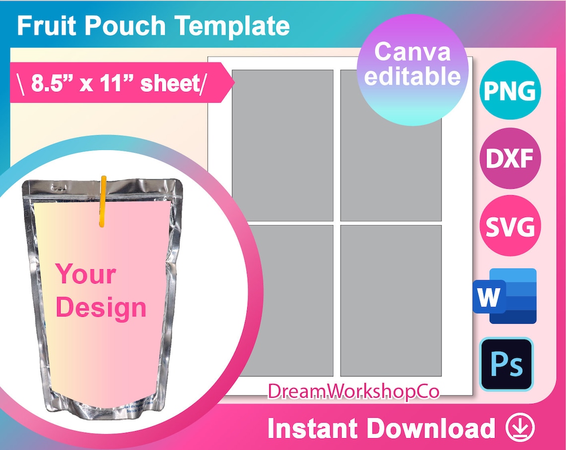 Juice Bag Pouch Label Template SVG Canva DXF Ms Word Docx - Etsy