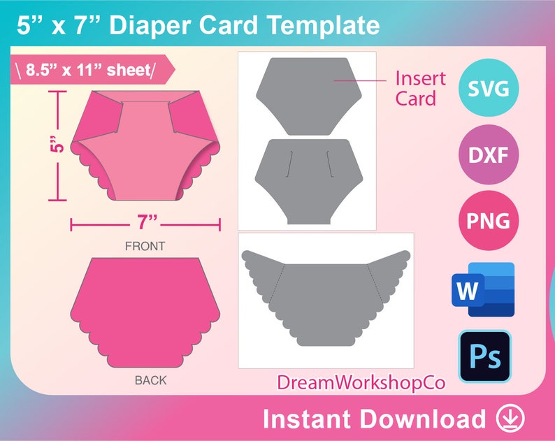 5"x7" Diaper Card Template, Baby Announcement, Baby Shower Invitaiton ...