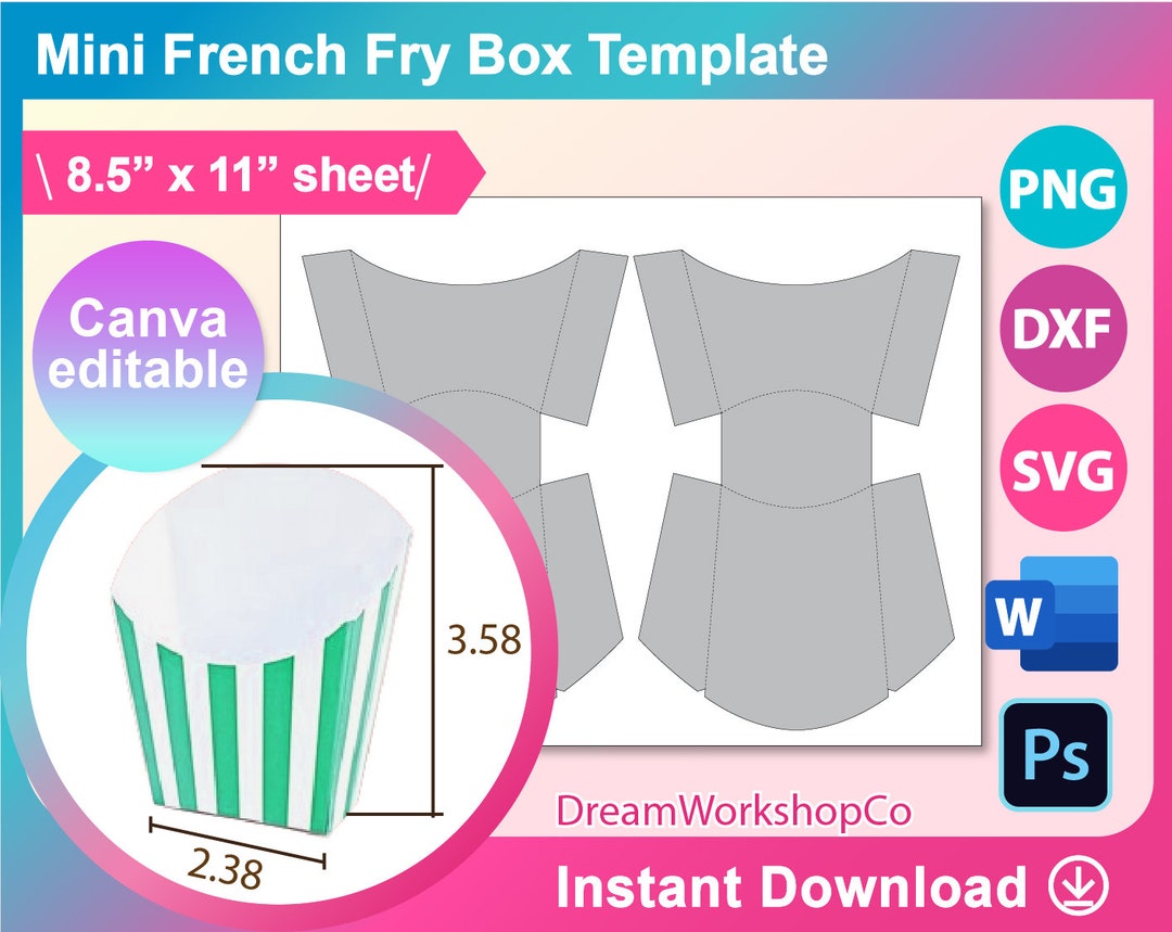 French Fry Box Template, SVG, DXF, Ms Word Docx, Png, Psd, 8.5"x11 ...