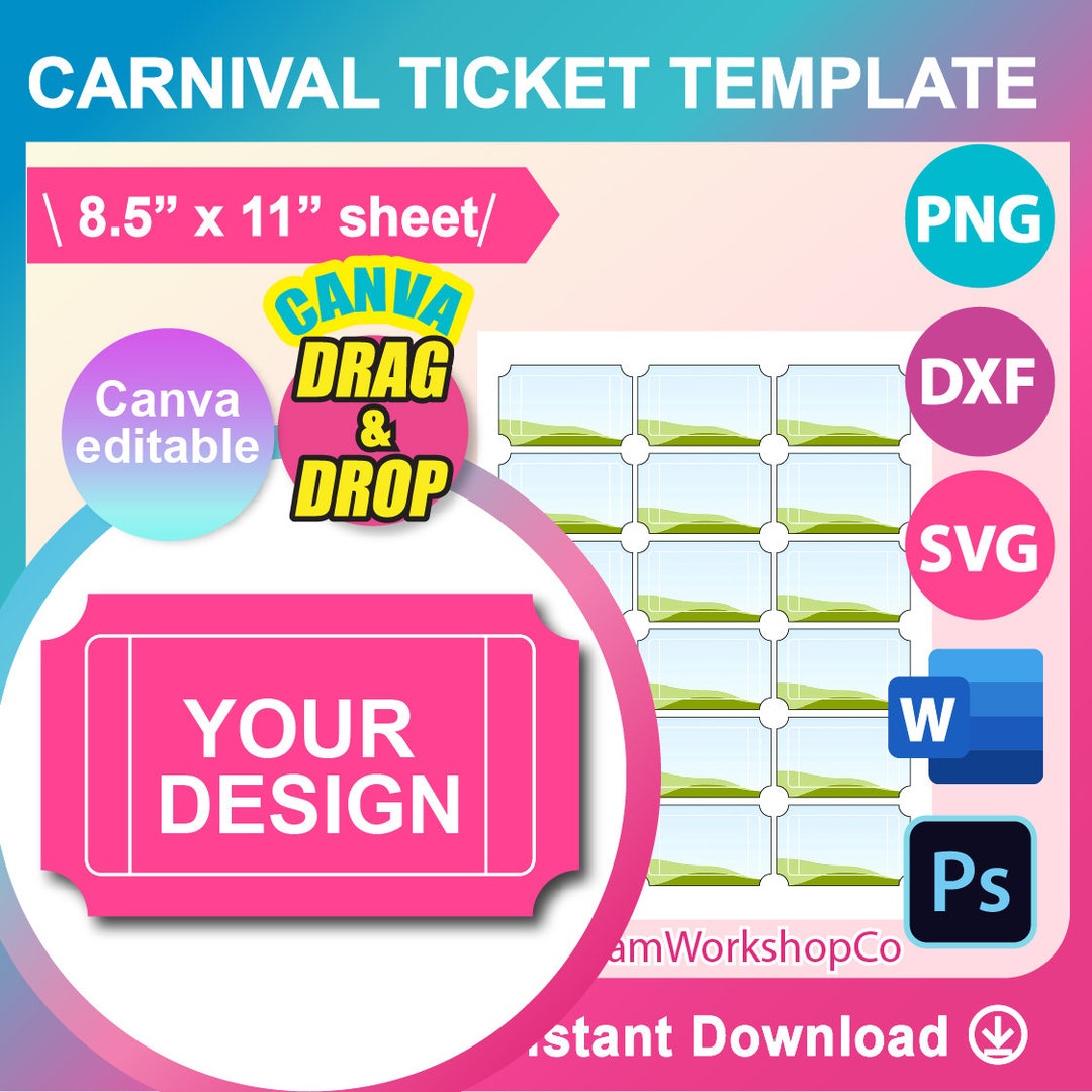 Carnival Ticket Template, Canva ,ms Word, PSD, PNG, SVG, Dxf, 8.5x11 ...